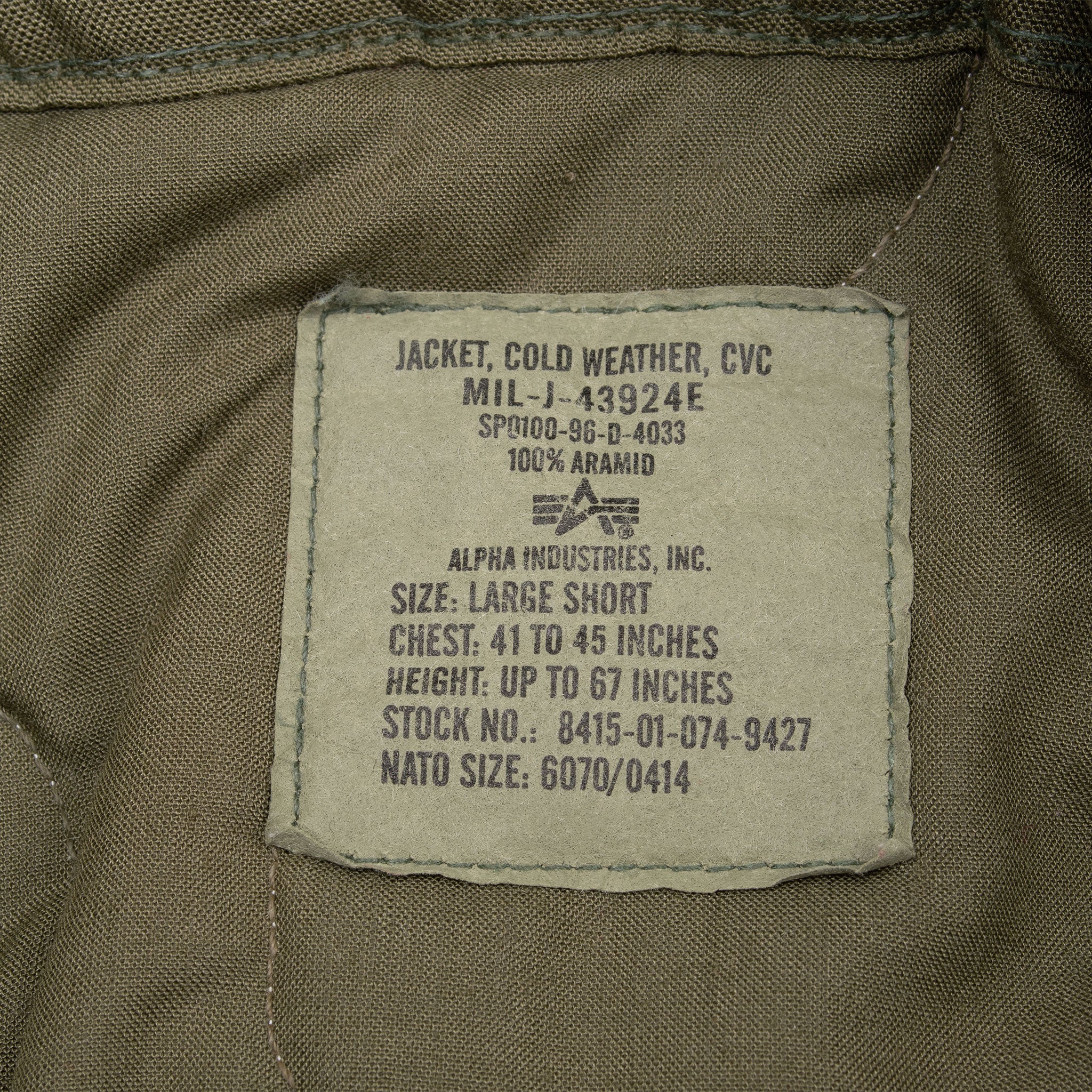 VINTAGE US ARMY CVC TANKER COLD WEATHER JACKET ALPHA IND 1996 SIZE LAR ...